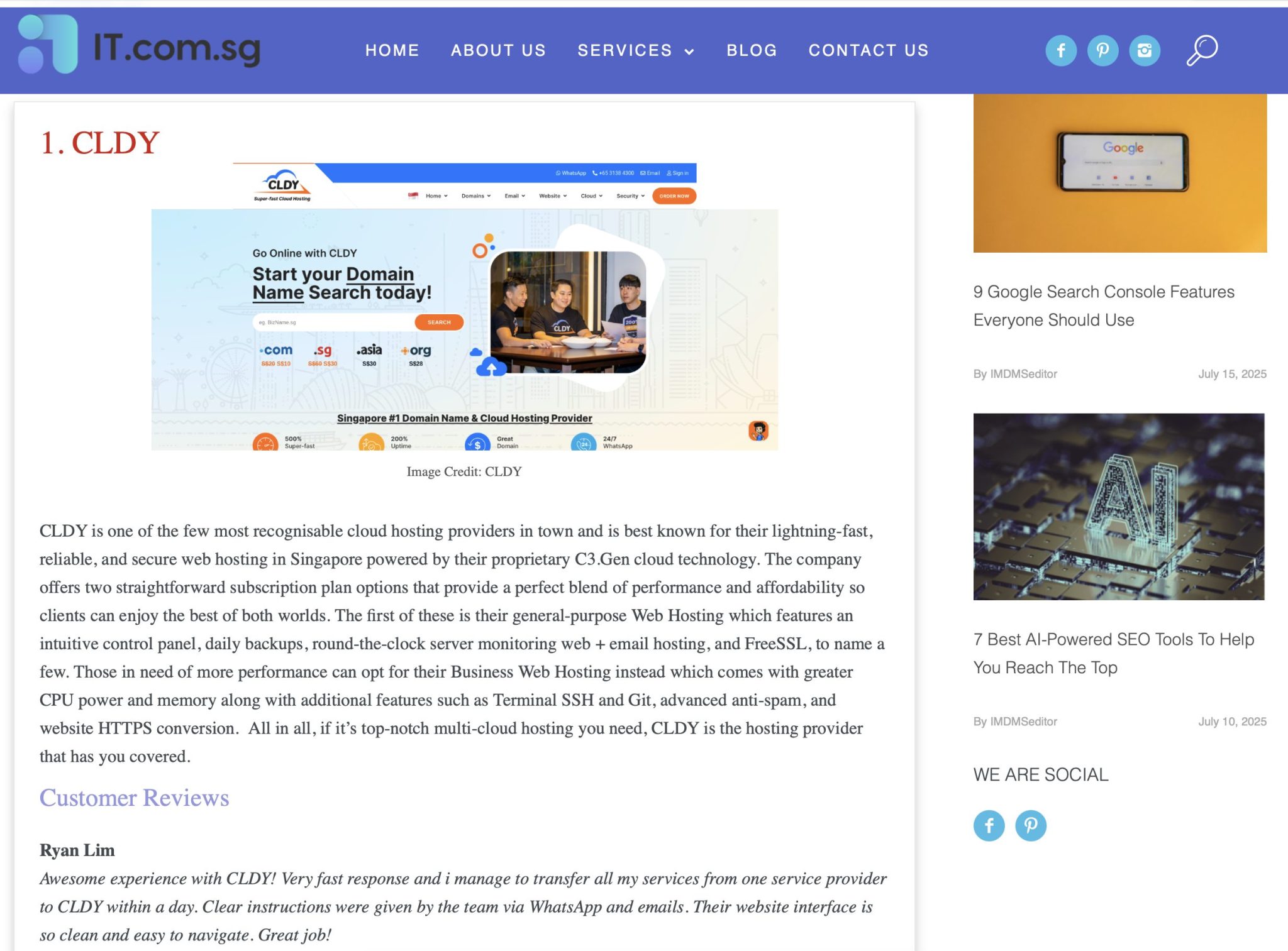 Listed #1 on IT.com.sg - Top 10 reliable web hosting in SG