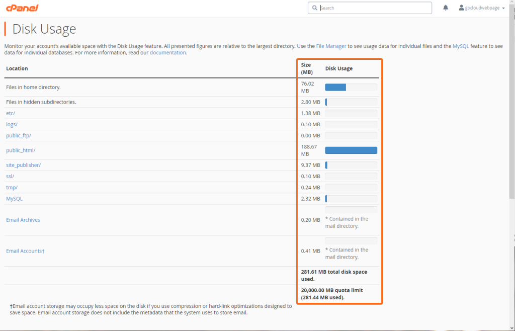 How to Check Diskspace usage and Diskspace breakdown via cPanel feature Disk Usage?