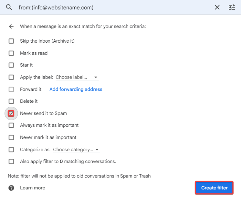 How to whitelist email address in Gmail