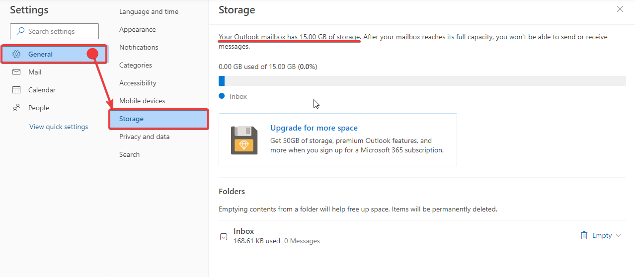How to find out the size of my Outlook mailbox